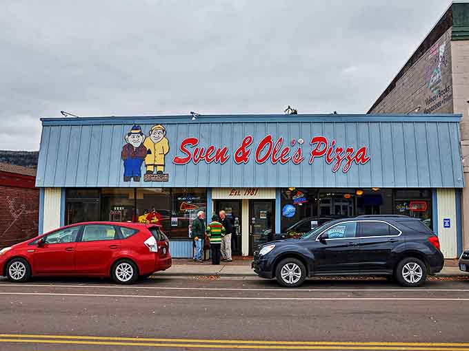 Sven & Ole's Pizza serves up slices with a side of Norwegian humor, its blue storefront and cartoon mascots promising comfort food with North Shore personality.