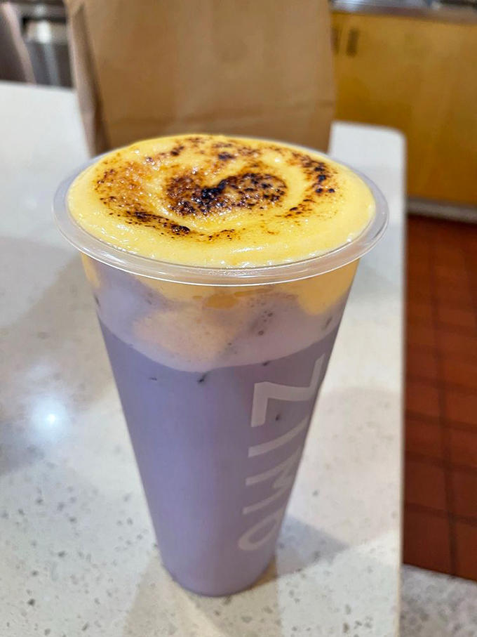 Taro meets cr&egrave;me br&ucirc;l&eacute;e in this purple dream &ndash; the torch-kissed caramelized top adds a crackling dimension that's pure textural genius.