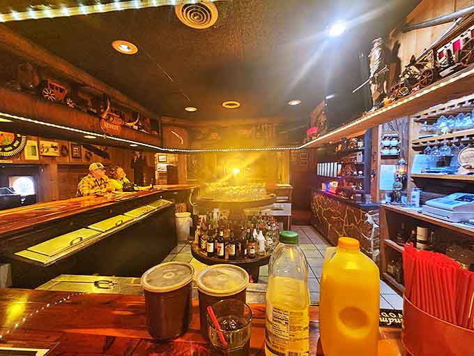 The bar area glows with amber light, creating that perfect ambiance where ghost stories flow as freely as the drinks.