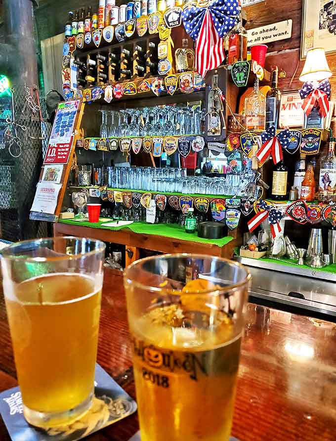 The bar showcases an impressive collection of police and fire patches &ndash; each one telling a story while you sip your perfectly poured beer.