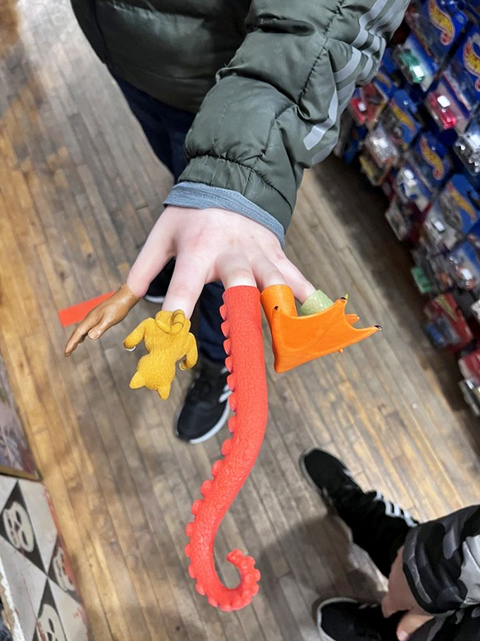 Vintage trinkets and modern collectibles share shelf space, proving that good toys never really go out of style or lose their magic.