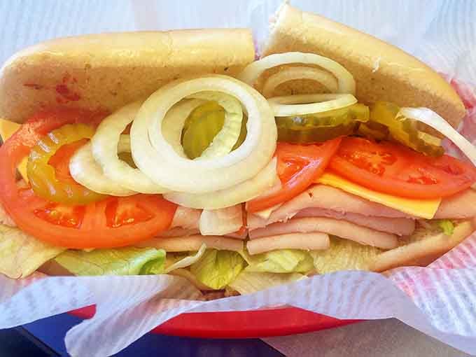 Layer upon layer of fresh ingredients &ndash; this sandwich doesn't just satisfy hunger, it builds a compelling case against skipping lunch.