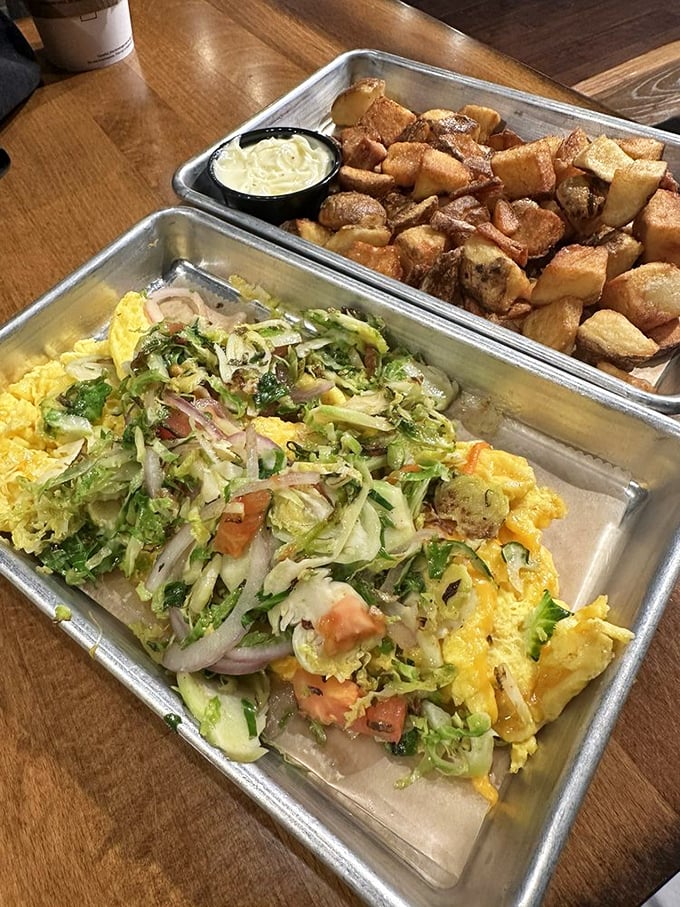 Breakfast served on metal trays isn't just trendy &ndash; it's practical genius that showcases these colorful, fresh ingredients like the stars they are.