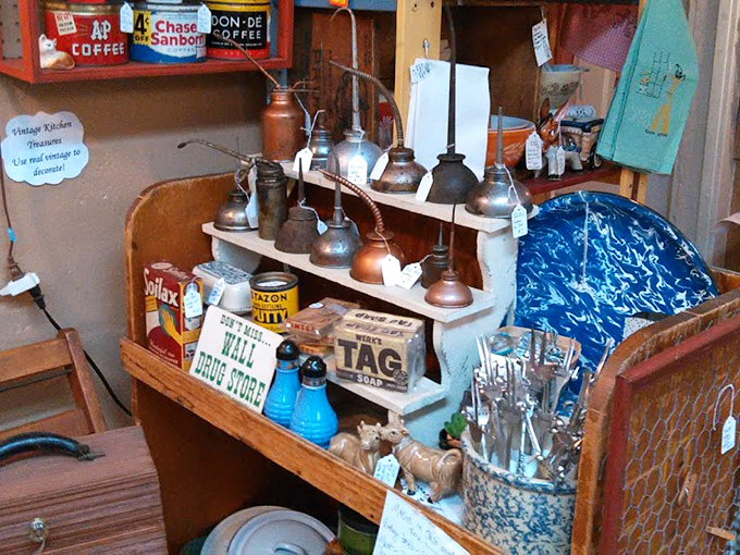 Vintage aprons and country decor fill this cozy space with farmhouse charm, where every item seems to whisper stories of Sunday dinners and holiday gatherings from decades past.