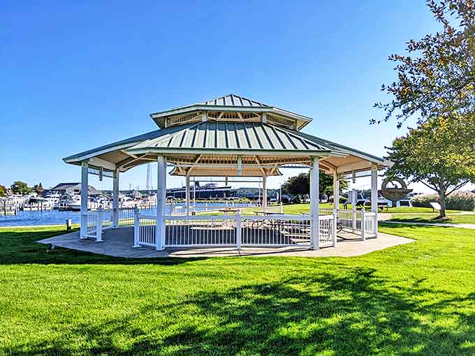 The waterfront gazebo stands ready for impromptu concerts, wedding vows, or simply watching the world float by.