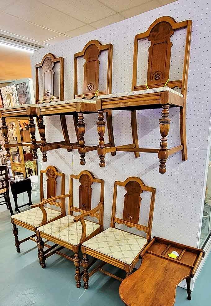 These dignified seats have witnessed thousands of family dinners, holiday arguments, and midnight snacks throughout their storied lives.