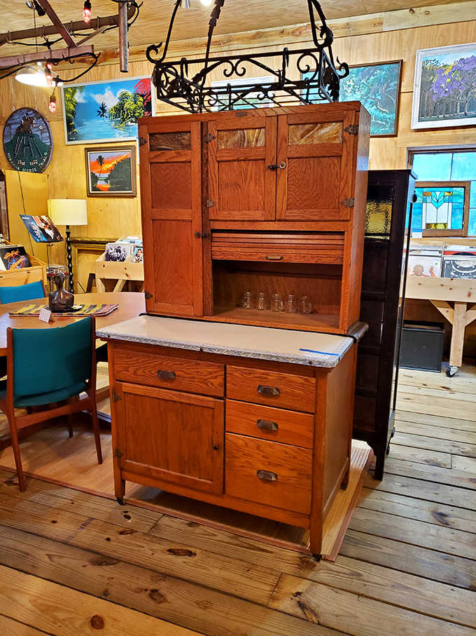The heart of many vintage kitchens &ndash; this oak Hoosier cabinet with its built-in workspace would have been the command center for a Florida homemaker.