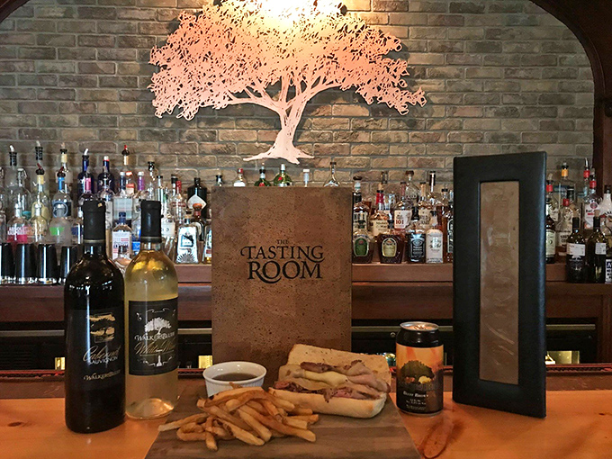 The Tasting Room bar area balances rustic charm with sophisticated design &ndash; a place where Illinois wines take center stage.