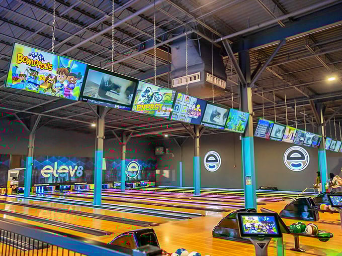 Bowling lanes stretch into the distance with overhead screens keeping score &ndash; no mental math required, leaving your brain free for trash talk.