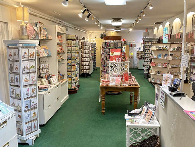 Cards and accessories arranged with more care than most people give their actual relationships, making gift-giving almost too easy.