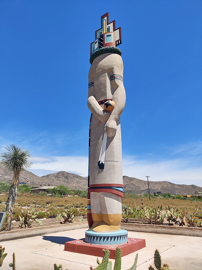 Morning light accentuates the geometric patterns and traditional colors adorning this cultural sentinel.