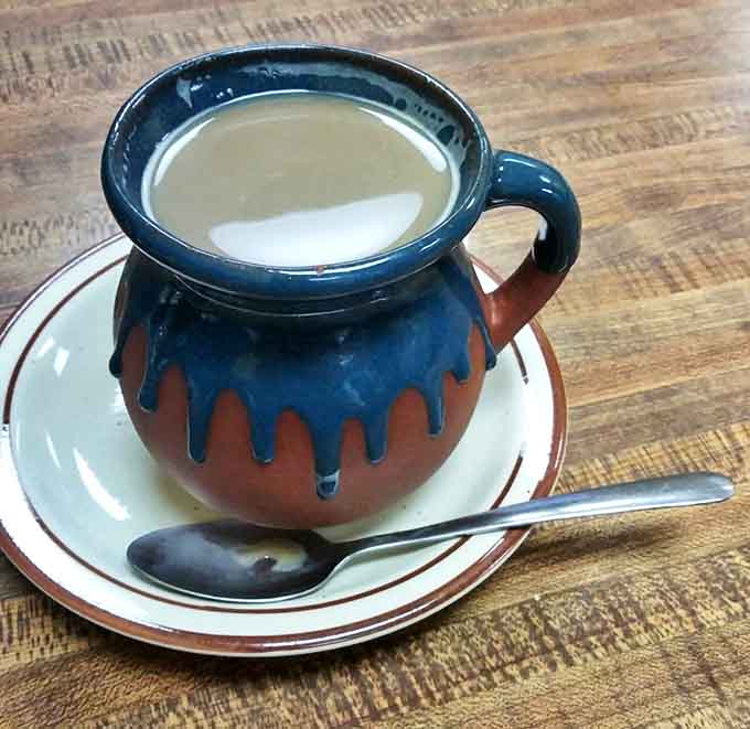 Coffee served in a "Disco Darling" mug &ndash; because at Skyway Jack's, even your caffeine comes with a side of personality.