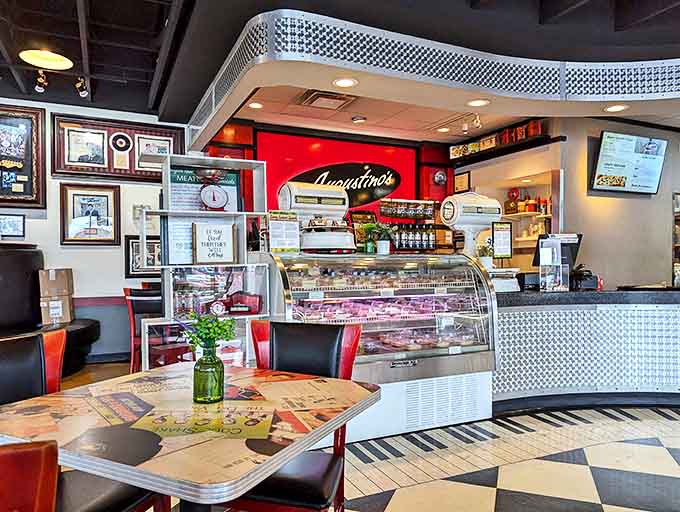 The counter area gleams with retro charm, where orders are placed and sandwich dreams become delicious, edible reality.