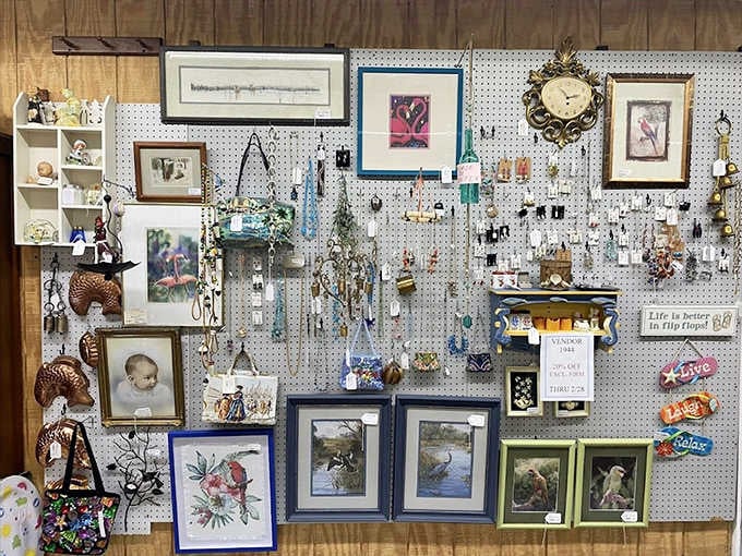 Wall displays and shelving showcase an impressive variety of decorative items, from vintage signs to framed art that spans multiple eras.