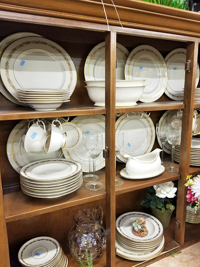 Fine china displays showcase elegant dining possibilities &ndash; grandmother-approved quality without the inheritance wait.