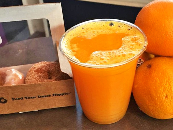 Fresh-squeezed orange juice brings a burst of vitamin C to your donut party &ndash; a small nod to health consciousness in this temple of delicious indulgence.