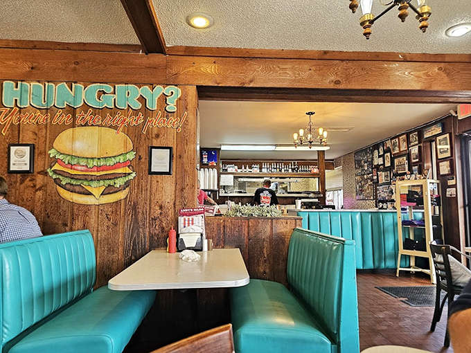 The wood paneling and retro signage create an atmosphere that's authentically vintage, not artificially aged by some designer's distressing technique.