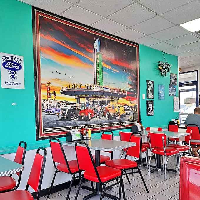 That massive vintage service station artwork isn't just decoration &ndash; it's a portal to an era when cars had fins and gas was cheap.