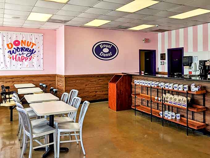 The dining area strikes that perfect balance between nostalgic and functional, with a "Donut Worry Be Happy" philosophy on full display.