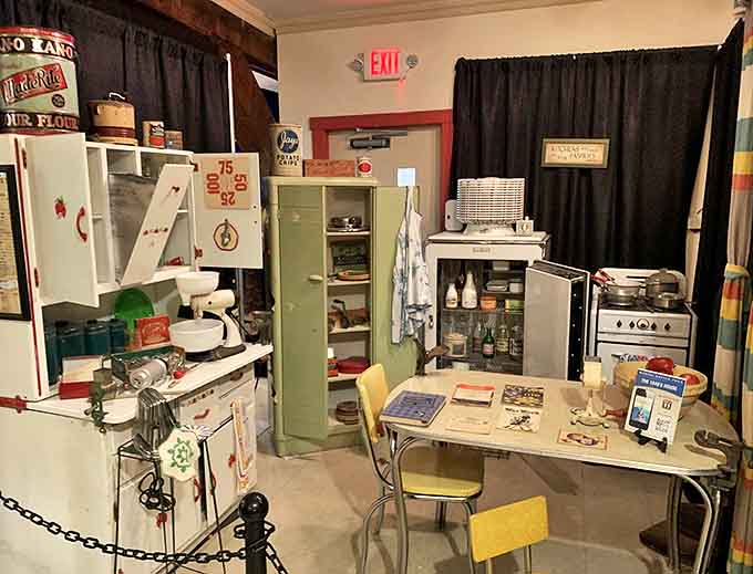 This meticulously recreated mid-century kitchen makes you wonder if your grandmother's house looked exactly like this, complete with that distinctive Formica charm.
