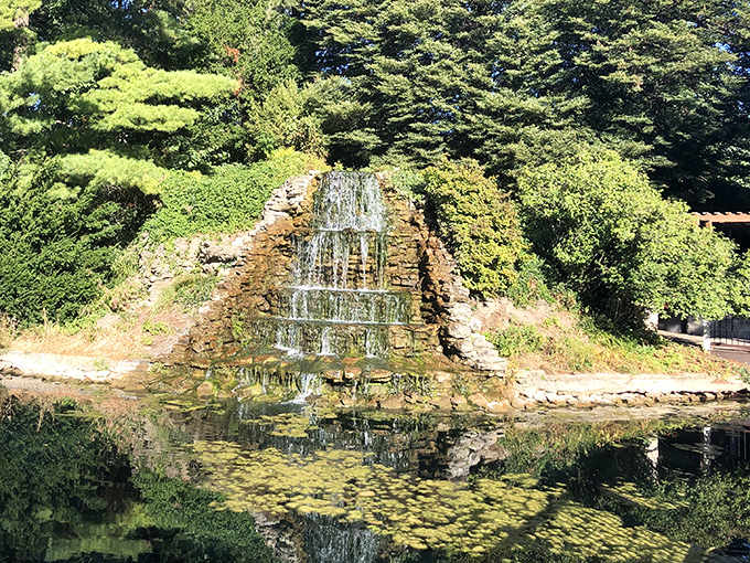 Water cascades down stone tiers into a reflective pond, creating a meditative soundtrack for cemetery wanderers.