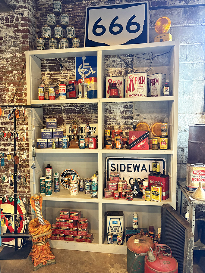 Vintage motor oil cans and automotive memorabilia line the shelves, each rusty tin a reminder of America's enduring love affair with the automobile.