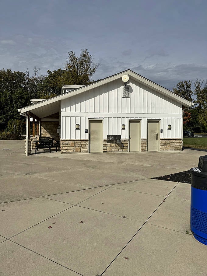 Clean, accessible facilities make all-day adventures possible. This well-maintained restroom building ensures comfort for families exploring the park.