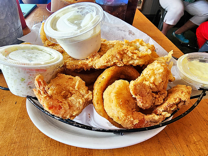Golden-fried seafood and onion rings in a crispy, light batter prove that inland Ohio can deliver coastal-quality seafood delights.