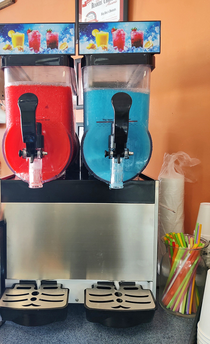 Frozen slushies in carnival colors promise brain freeze with a side of childhood nostalgia – worth every numb taste bud.