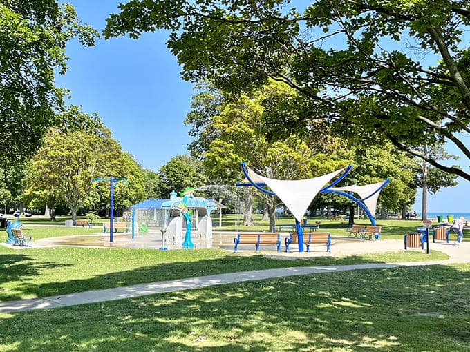 The splash pad offers relief for kids who've had enough sand in uncomfortable places, while parents appreciate the nearby shade structures.
