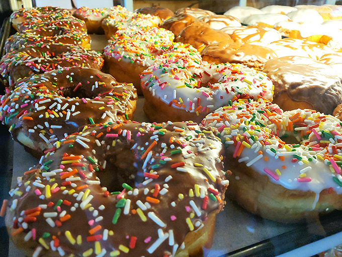Sprinkles catching the light like tiny edible jewels, because sometimes you need your donut to sparkle along with your personality.