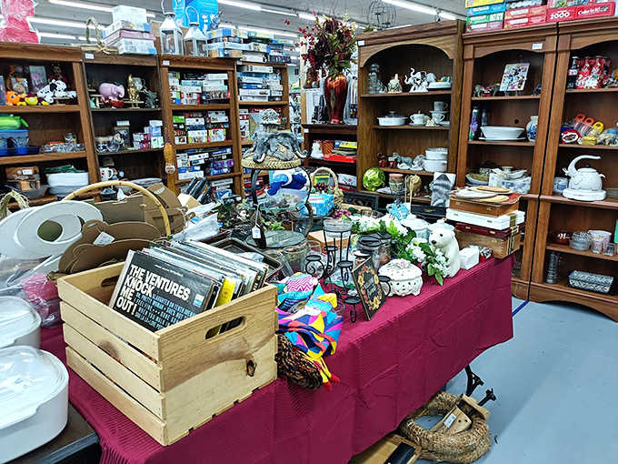 Thrift store treasures pile high in this section, where one person's "I'm done with this" becomes another person's "I've been looking everywhere for that!"