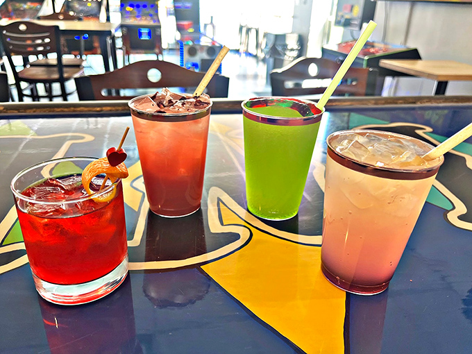 Colorful cocktails that taste as good as they look &ndash; these Instagram-worthy drinks add a splash of adult fun to the arcade experience.