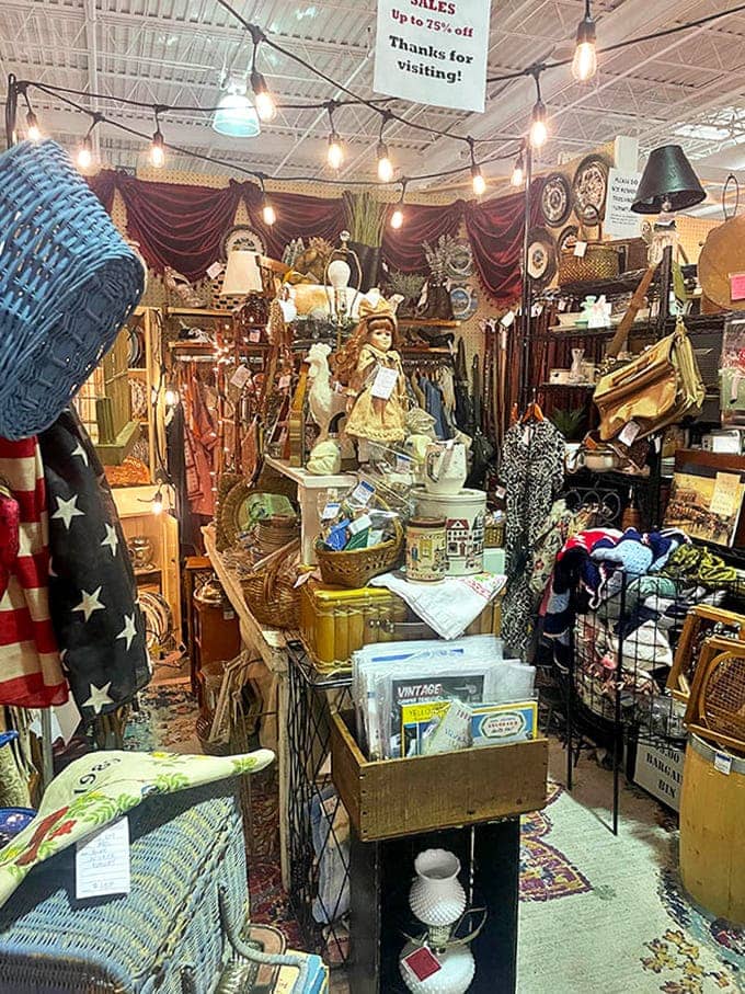 A booth that's mastered the art of beautiful clutter &ndash; vintage dolls, baskets, and Americana create a nostalgic tableau that's both chaotic and curated.