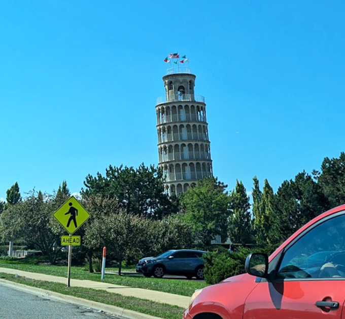 Framed by trees and set against a clear blue sky, the tower creates a postcard-perfect scene that belies its surprising Midwestern location.