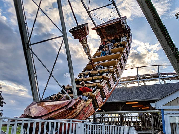 The Viking ship swings riders through the air, their delighted screams blending with the mechanical creaks to create the soundtrack of summer memories.