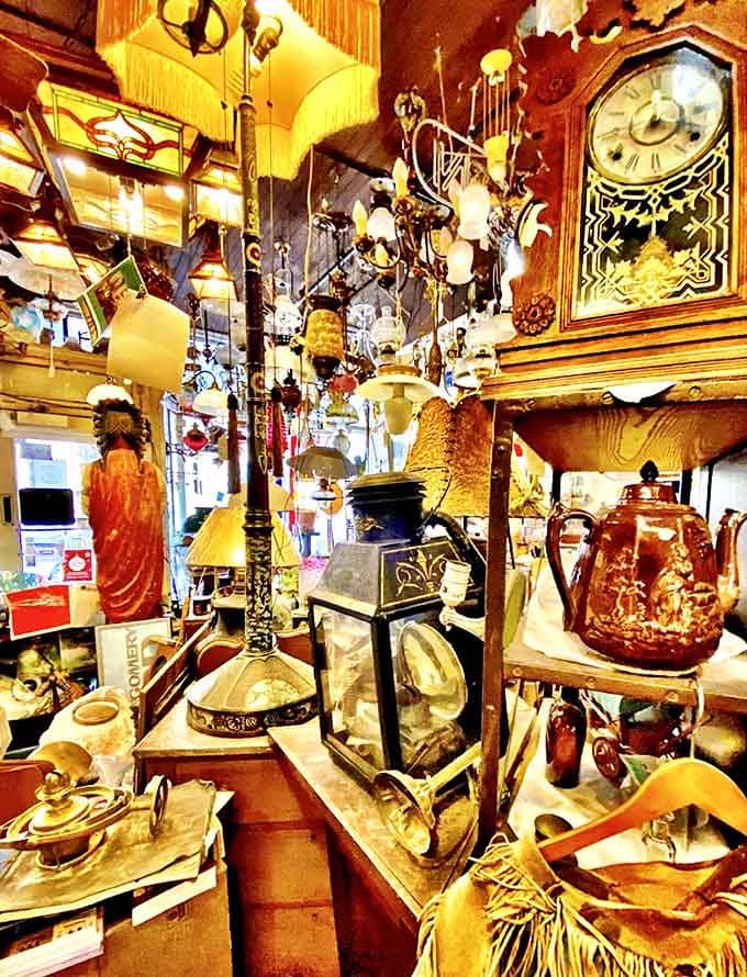 Brass teapots gleam alongside vintage lanterns and curiosities, each item hand-selected for its craftsmanship, historical significance, or delightful oddity.