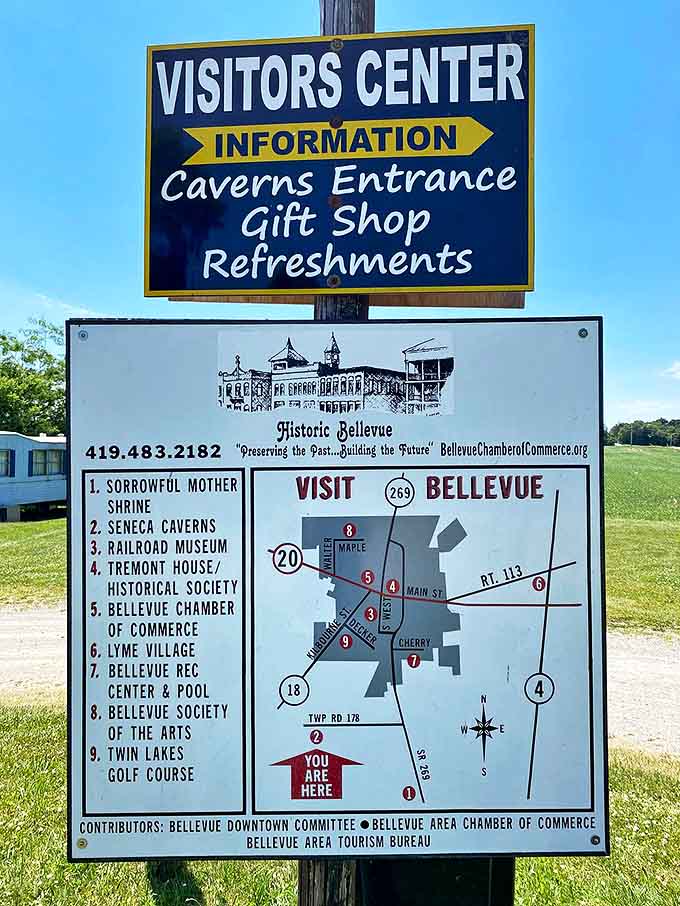 This helpful sign ensures you won't miss any of Bellevue's attractions. Though after seeing the caverns, everything else might seem a bit... above ground.