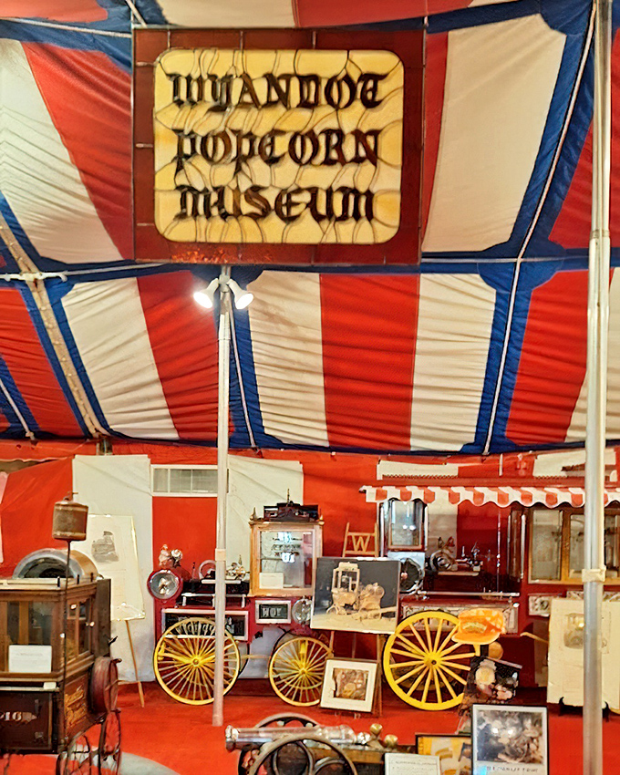 Under a circus-tent ceiling, vintage popcorn wagons tell the story of America's favorite movie snack and the machines that made it pop.