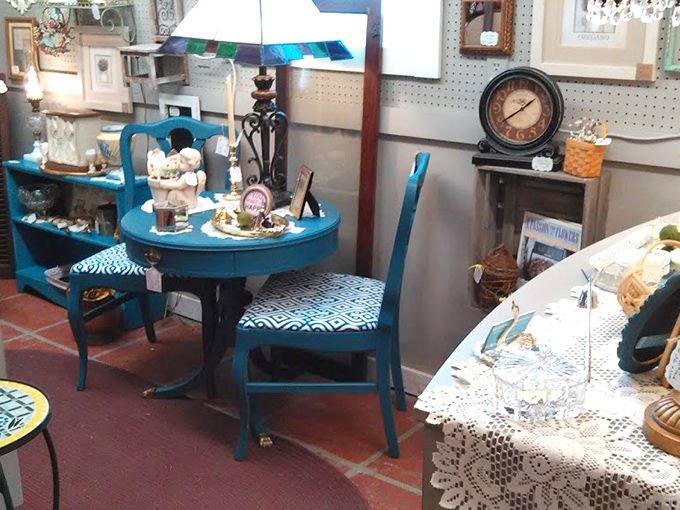 A turquoise dining set with chevron-patterned chairs proves that vintage furniture had personality to spare, making modern minimalism look positively boring by comparison.