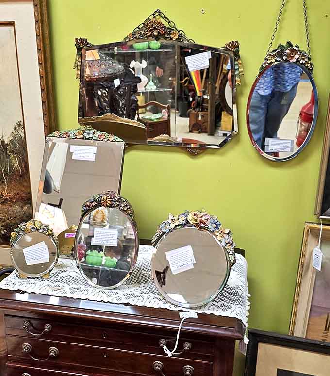 Ornate frames surrounding reflective surfaces that have shown countless faces over decades, each mirror a portal to elegant design sensibilities.