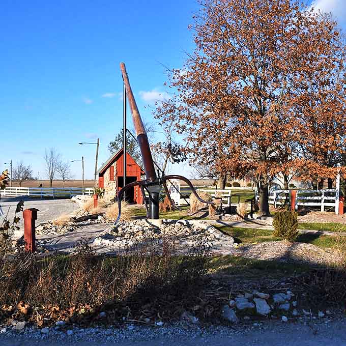 Fall colors make the pitchfork look even more dramatic, like something from a harvest-themed superhero movie.