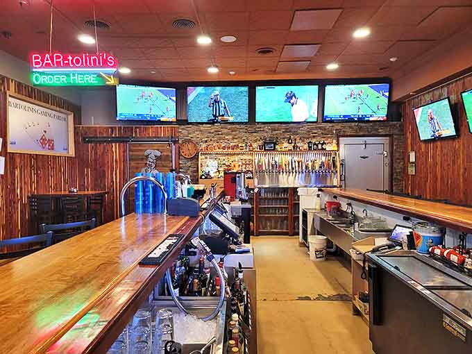 The bar area invites lingering with its impressive tap selection and multiple screens &ndash; where strangers become friends over shared sports victories.