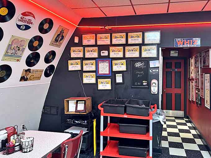 Wall of fame: Framed accolades and autographed memorabilia showcase the diner's celebrity status &ndash; Guy Fieri was here, and he approved.