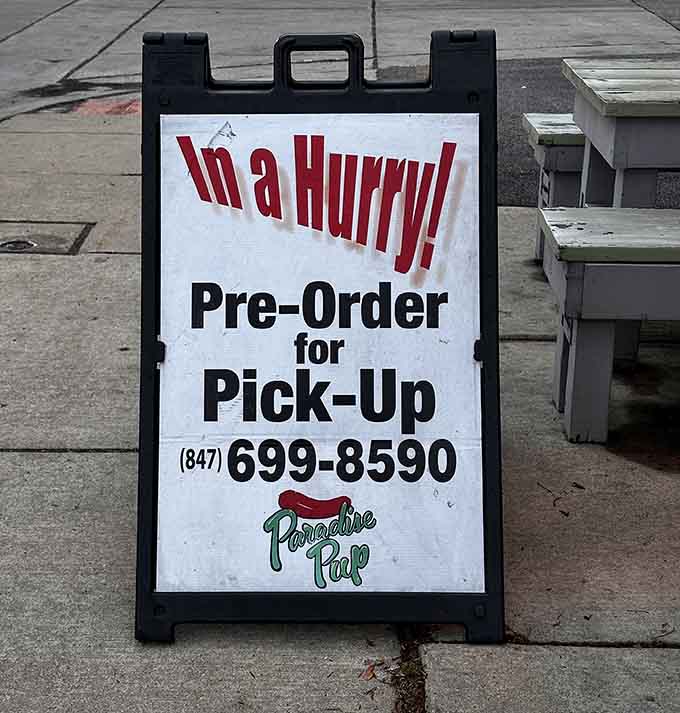 That "In a Hurry!" sign understands modern life while gently suggesting you call ahead for your burger fix and skip the wait.