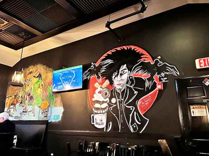 The wall art at Crusade doesn't just decorate &ndash; it entertains, with this gothic coffee-lover watching over diners like a caffeinated guardian angel.