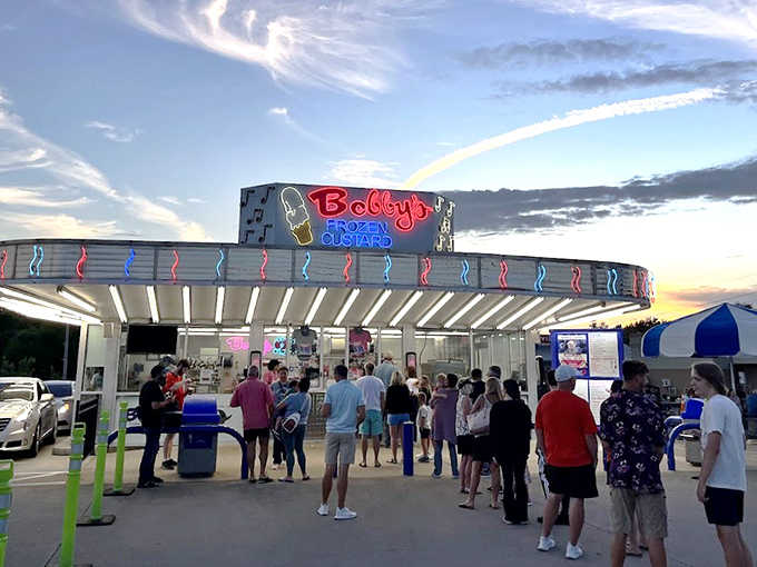 Sunset at Bobby's brings out the custard enthusiasts, forming a line that's less about waiting and more about participating in a sweet community ritual.