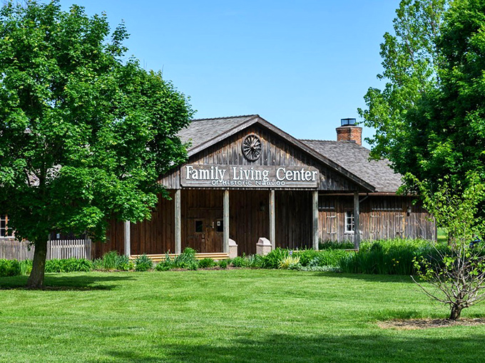 The rustic Family Living Center demonstrates traditional crafts and skills, bringing history to life through hands-on experiences.