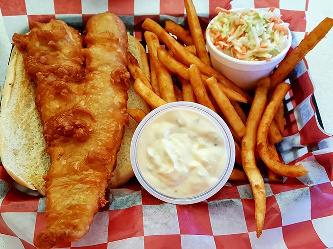 The fish sandwich that got away from other restaurants &ndash; crispy, flaky, and extending well beyond its bun's boundaries.