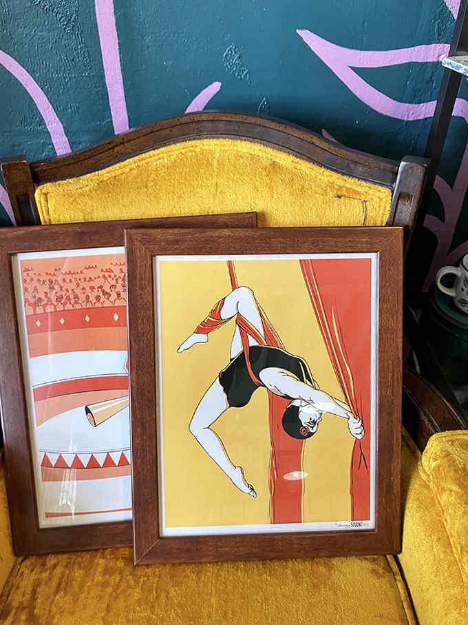 Vintage performers frozen in mid-flight bring retro carnival magic to life against a backdrop of sunshine-yellow velvet.